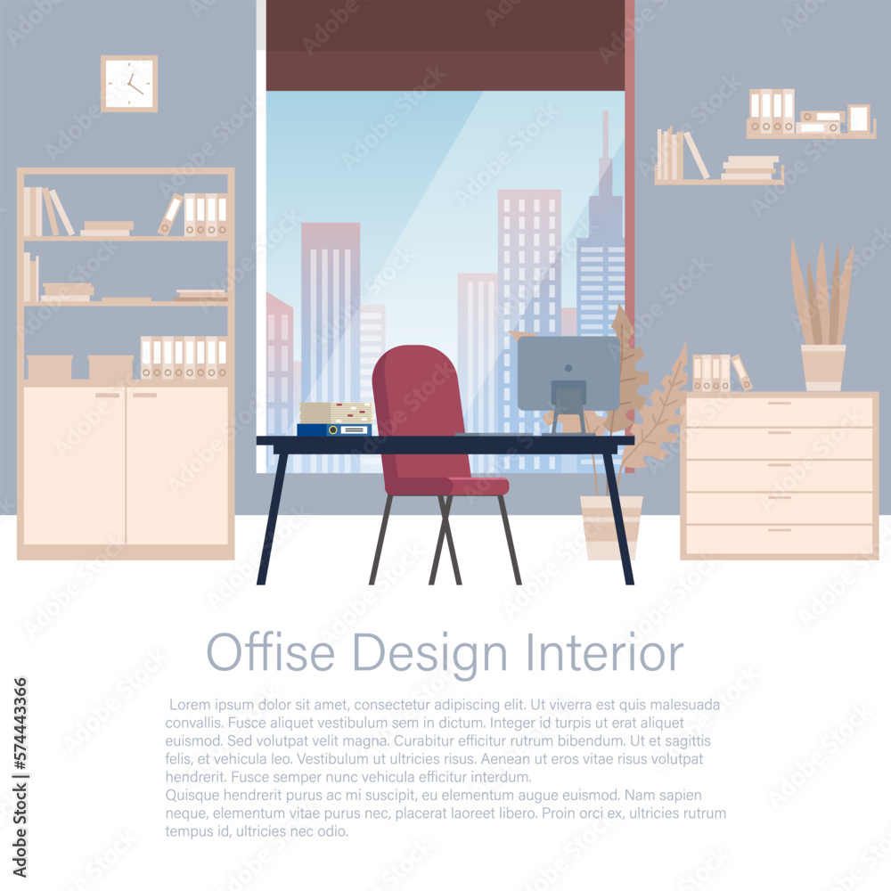 Design of modern empty office working place front view desk, chair ...