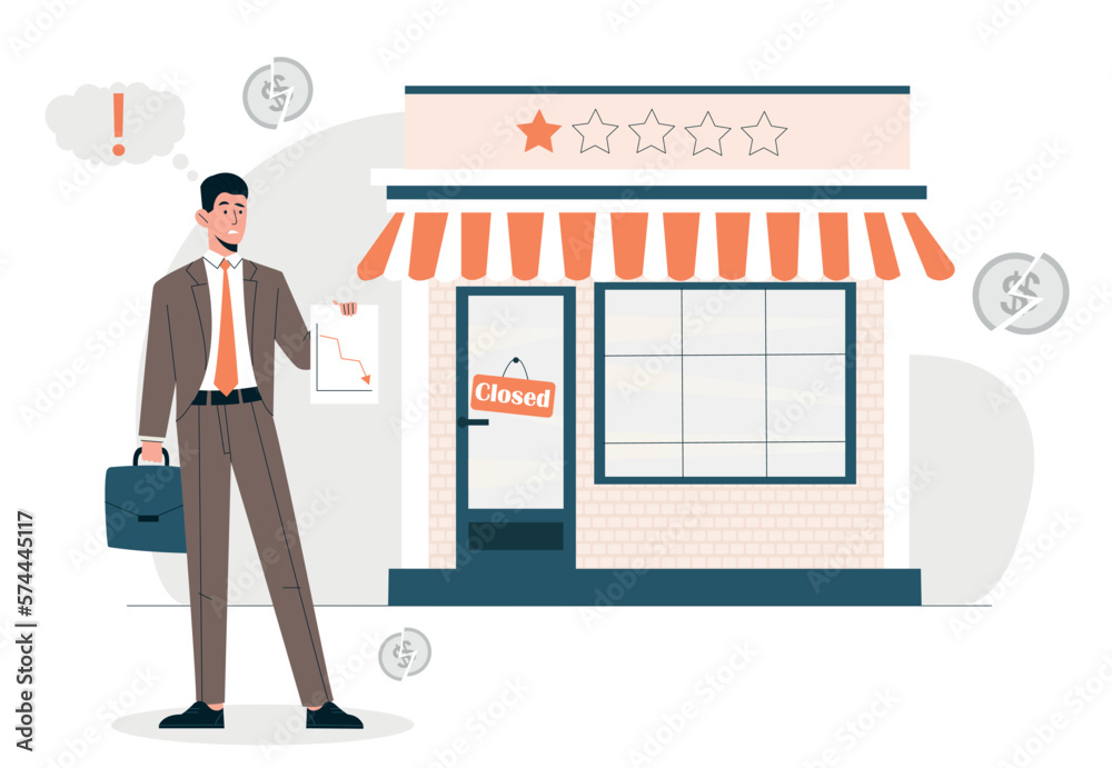 Financial problem concept. Man with briefcase and chart stands in front ...