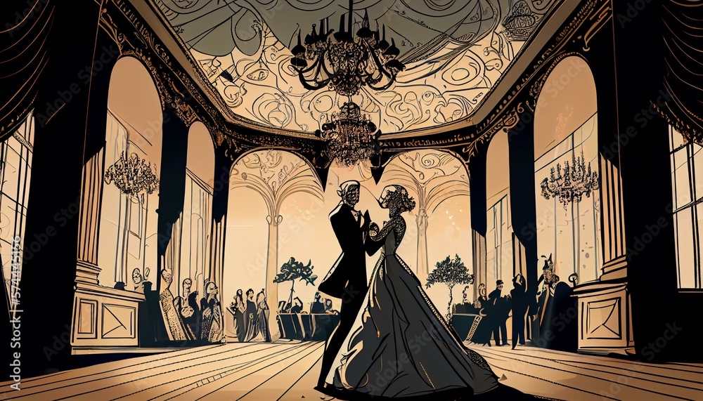 A detailed illustration of a couple dancing in a ballroom, with elegant ...