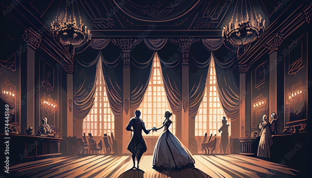 A detailed illustration of a couple dancing in a ballroom, with elegant ...