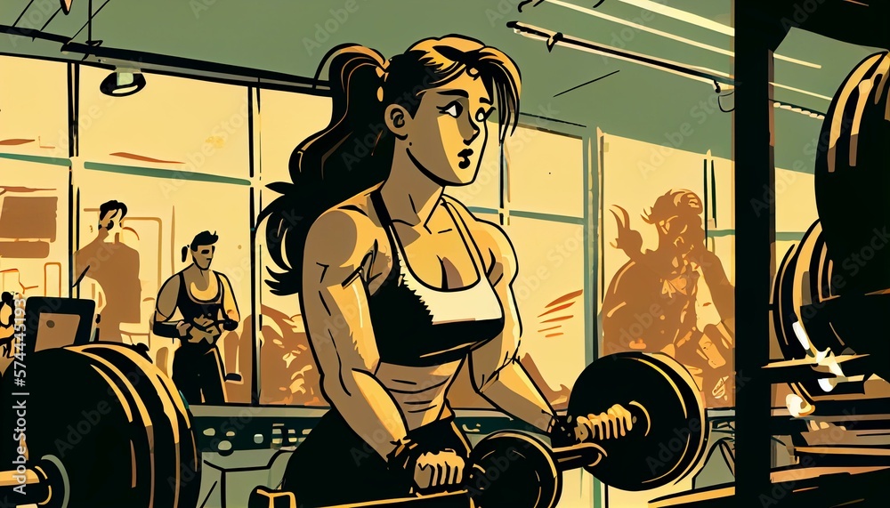 An illustration of a person working out in a gym, with weights and ...