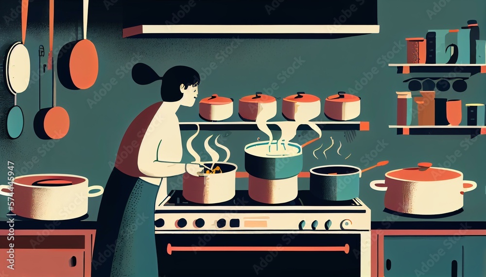 An illustration of a person cooking on a large stove with various pots ...