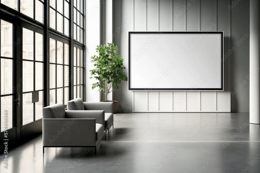 Large blank white screen in the office foyer, modern interior. Mockup ...