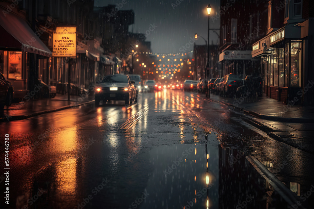 city street, night time, dark, raining , ai art illustration Stock ...