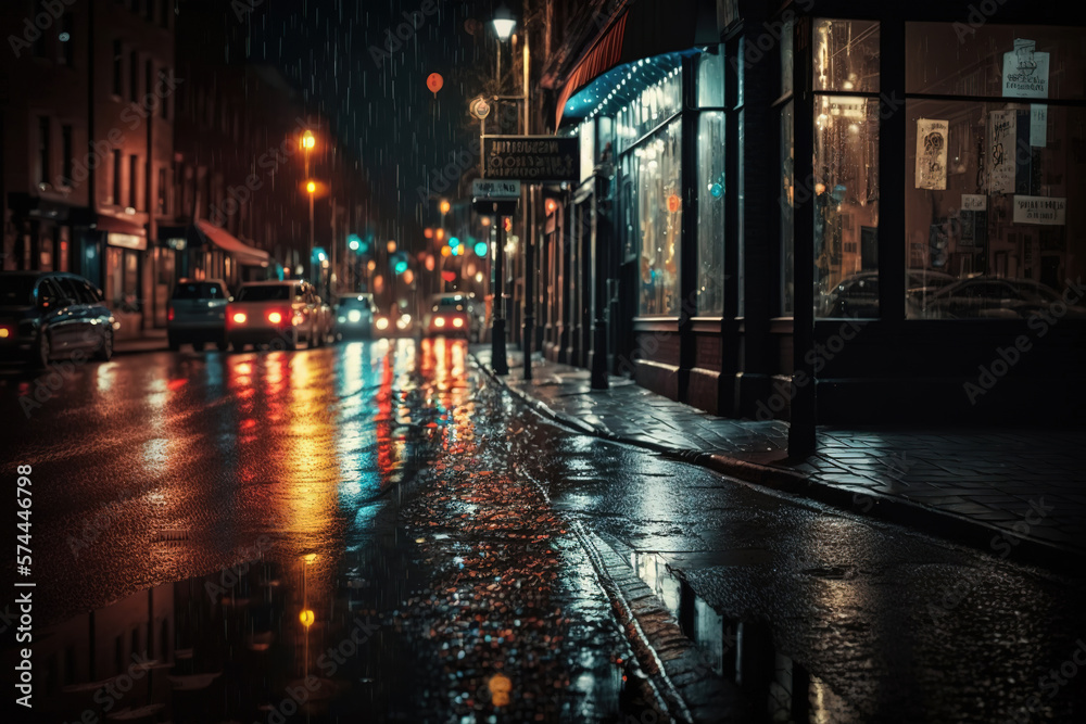 city street, night time, dark, raining , ai art illustration Stock ...