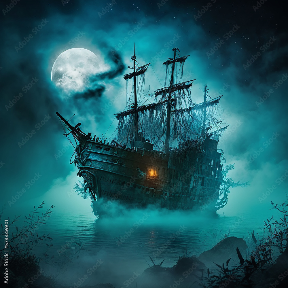 Spooky, ghostly, haunted pirate shipwreck floating in a misty ocean ...
