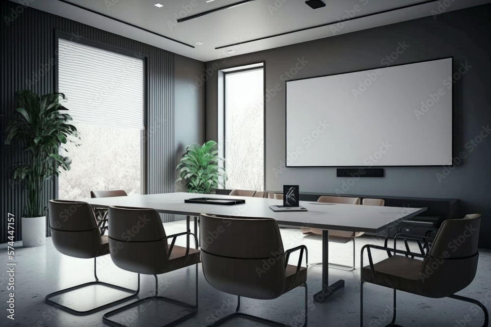 Large blank screen in the office meeting room , modern interior. Table ...