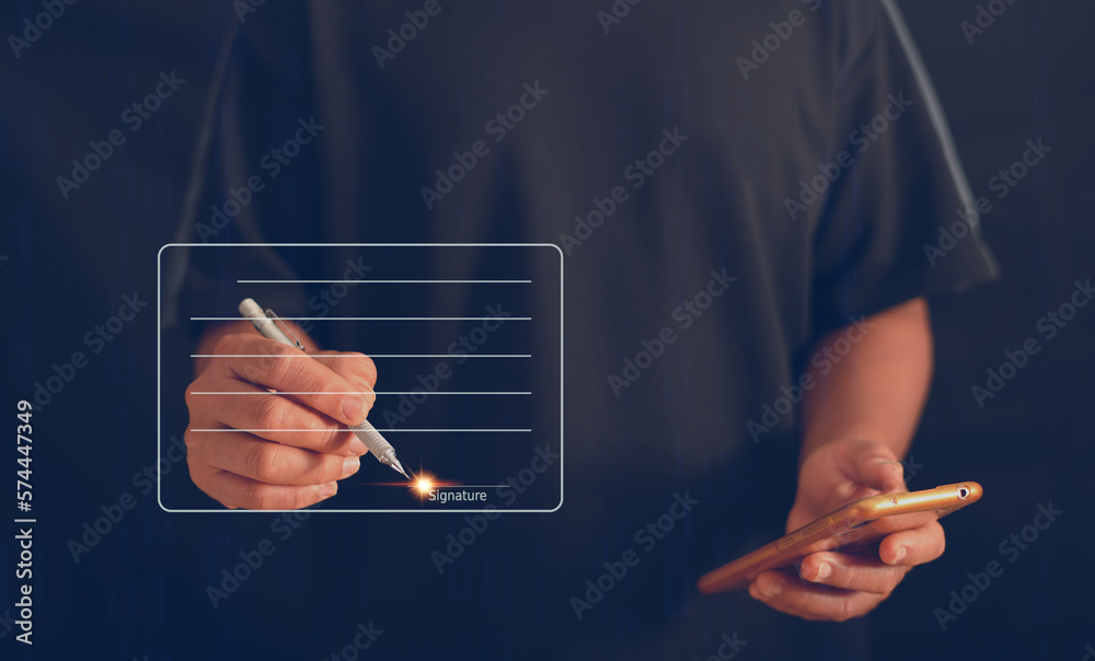 Businessman using a pen to sign electronic documents on virtual screen ...