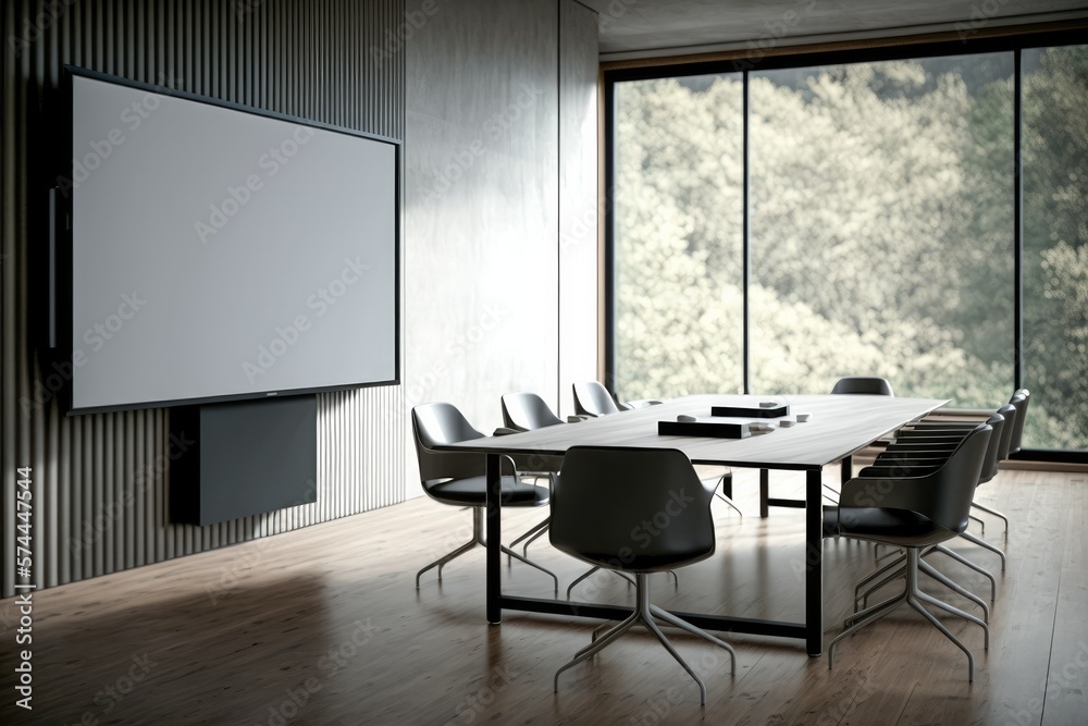 Large blank screen in the office meeting room , modern interior. Table ...
