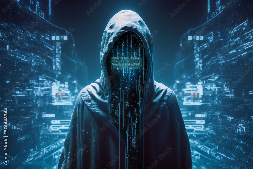 Evil artificial intelligence AI neural network hacker wearing hooded cloak. Analyses your big ...