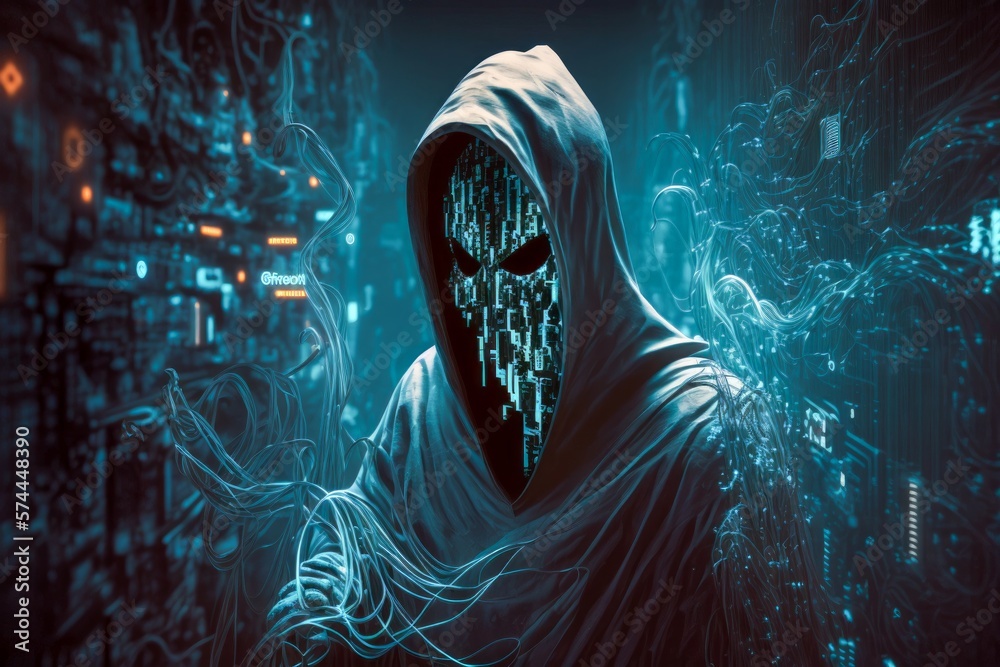 Evil artificial intelligence AI neural network hacker wearing hooded cloak. Analyses your big ...