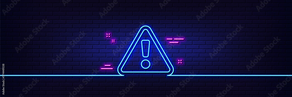 Neon light glow effect. Warning line icon. Attention triangle sign ...