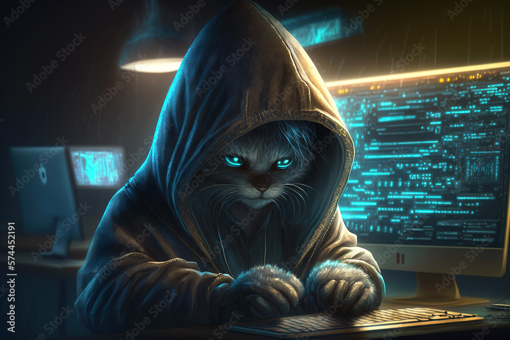 Hacker works in dark room, hooded cat uses computer, illustration. Concept of funny animal ...