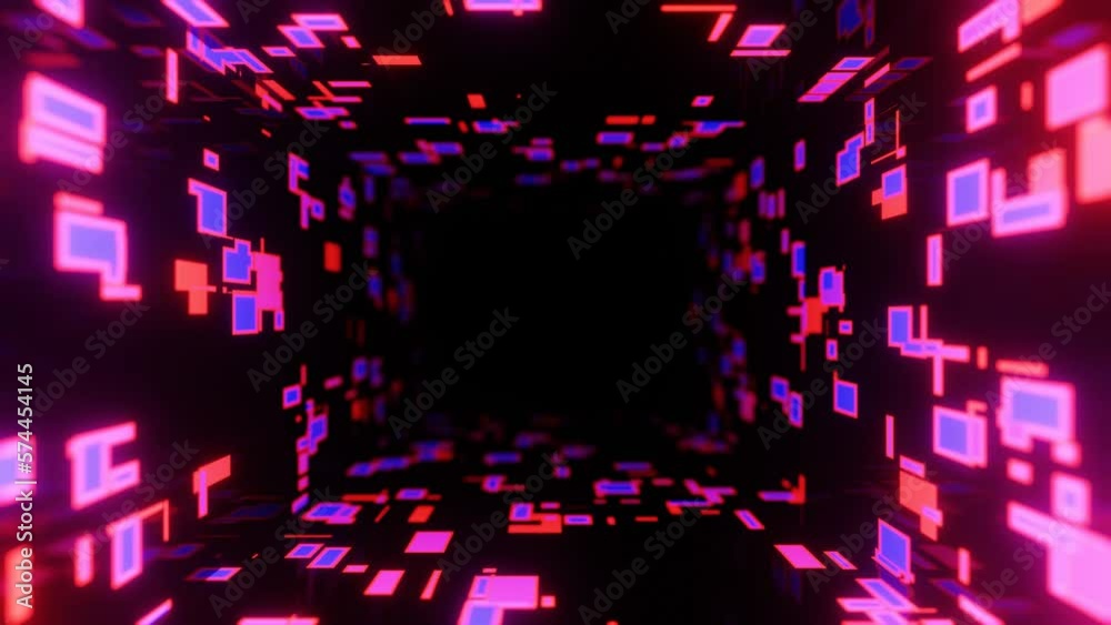Vj loop. Fly through mirror tunnel with neon pattern, glow lines form ...
