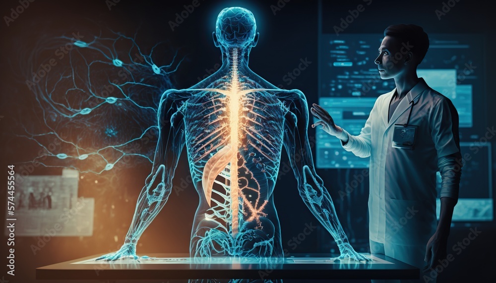 Futuristic biomedical concept of a doctor using advance holographic ...