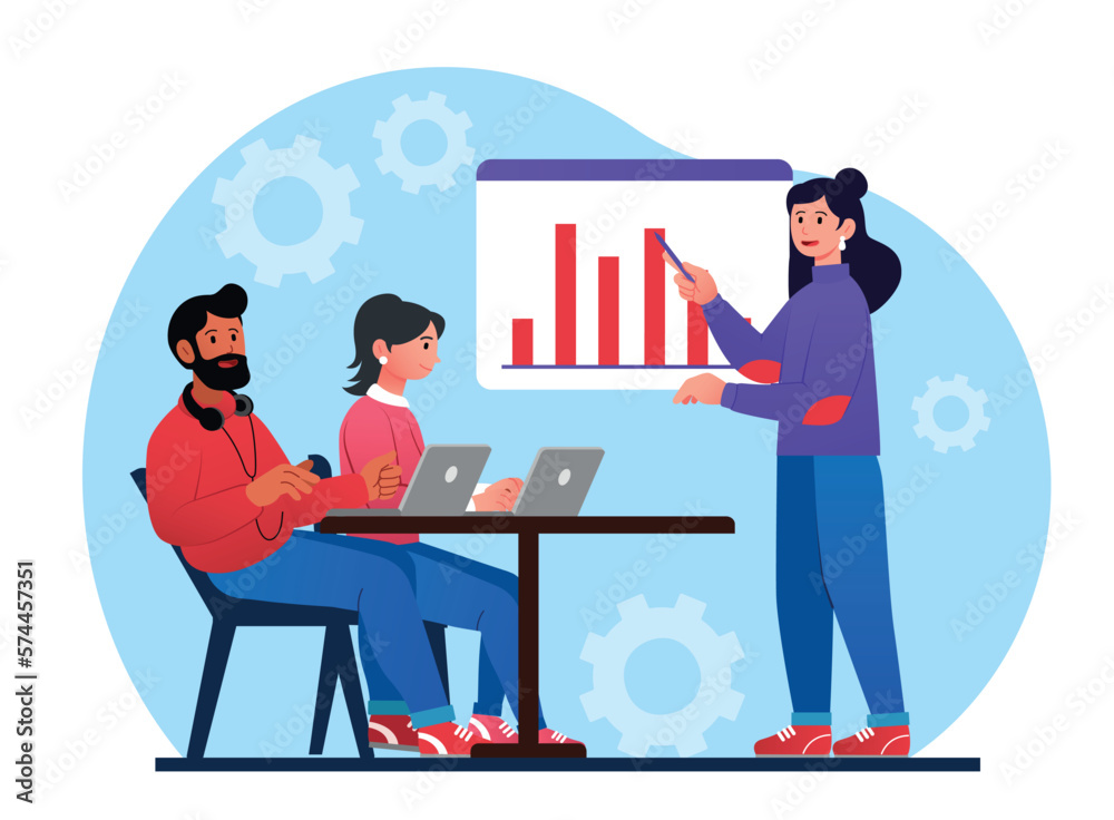 People on financial seminar. Woman giving lecture to young guy and girl ...