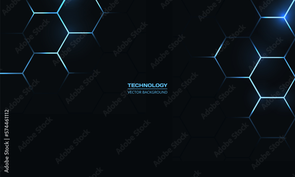 Black hexagonal technology vector abstract background with blue bright energy flashes under ...