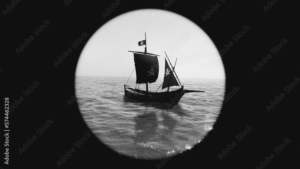Retro, antique, stylized illustration. An ancient pirate ship with ...