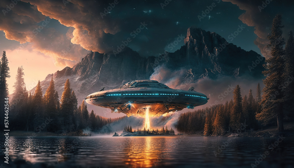 Flying saucer flies over highways and in the desert. Invasion of ...