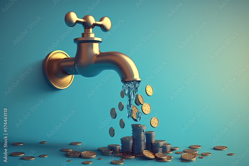 Faucet and coins, money falling from faucet, blue background ...
