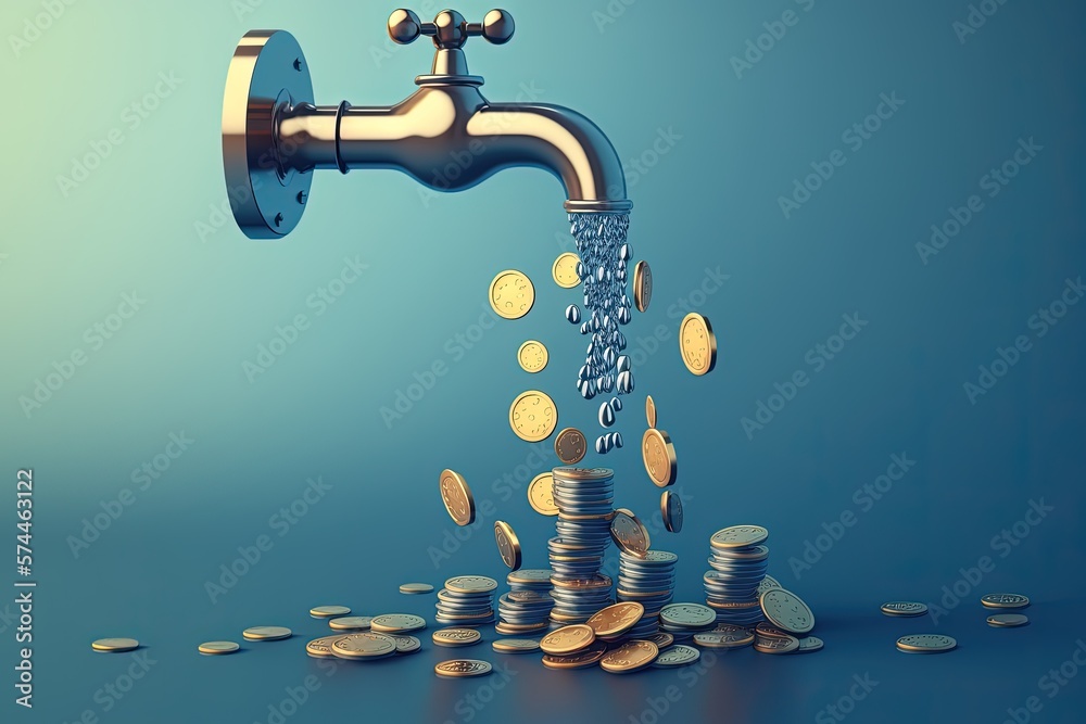 Faucet and coins, money falling from faucet, blue background ...