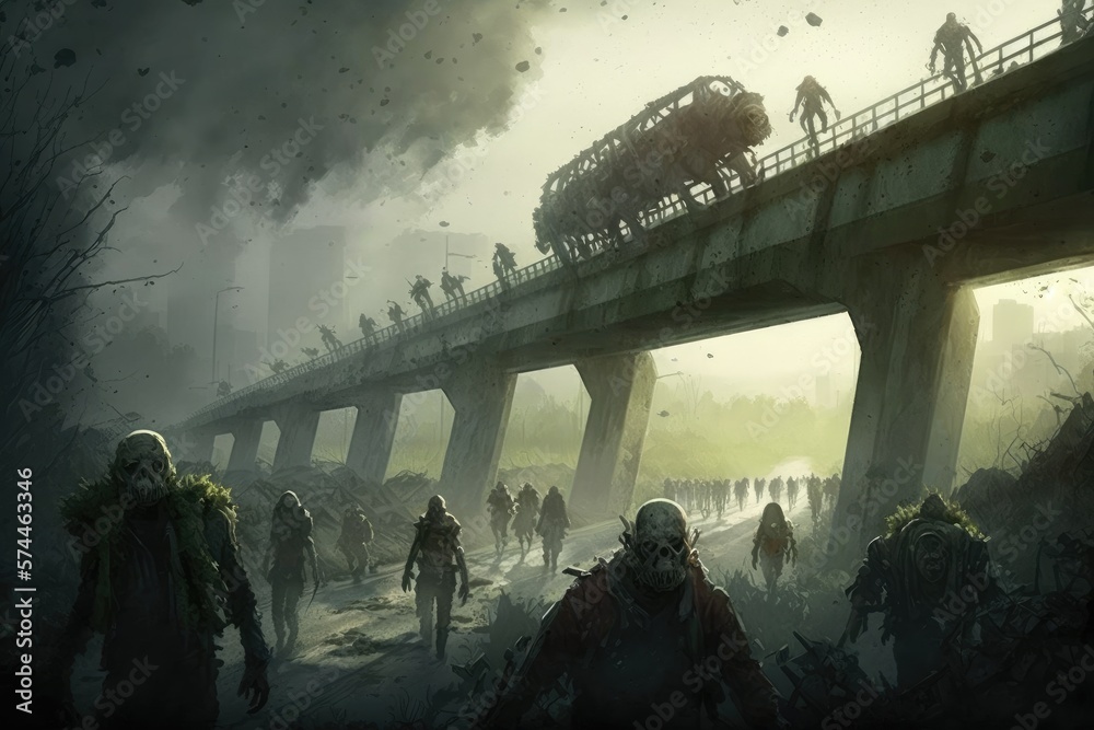 Zombies in destroyed city after apocalypse, zombies on top of bridge ...