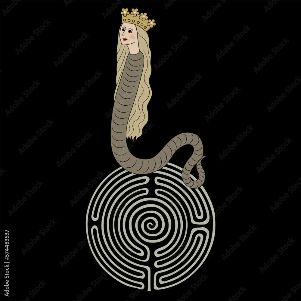 Fantastic female snake in royal crown on a round spiral maze or ...
