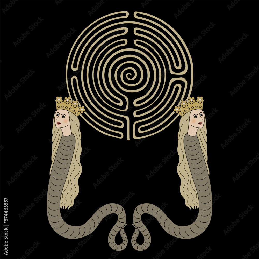 Symmetrical design with two fantastic female snakes in royal crowns ...