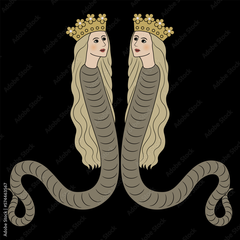 Symmetrical design with two fantastic female snakes in royal crowns ...