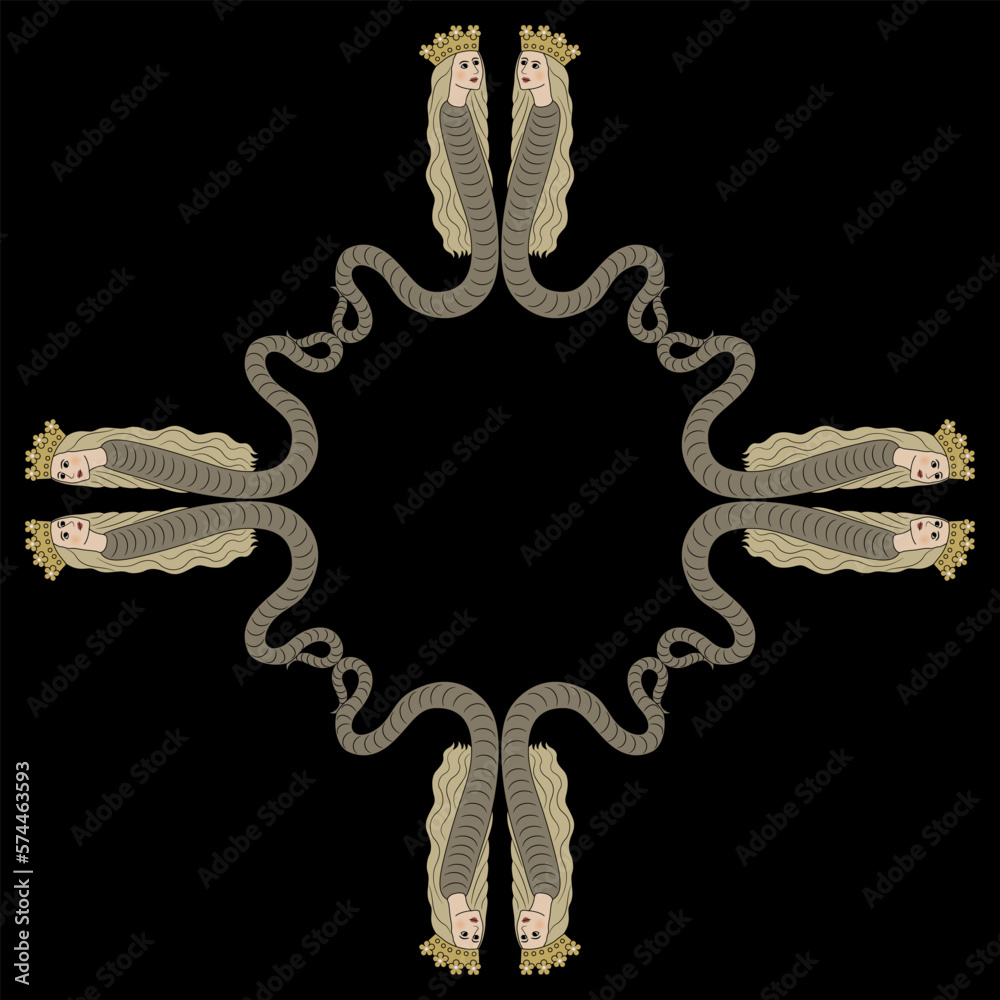 Geometrical ornament or frame with fantastic female snakes in royal ...