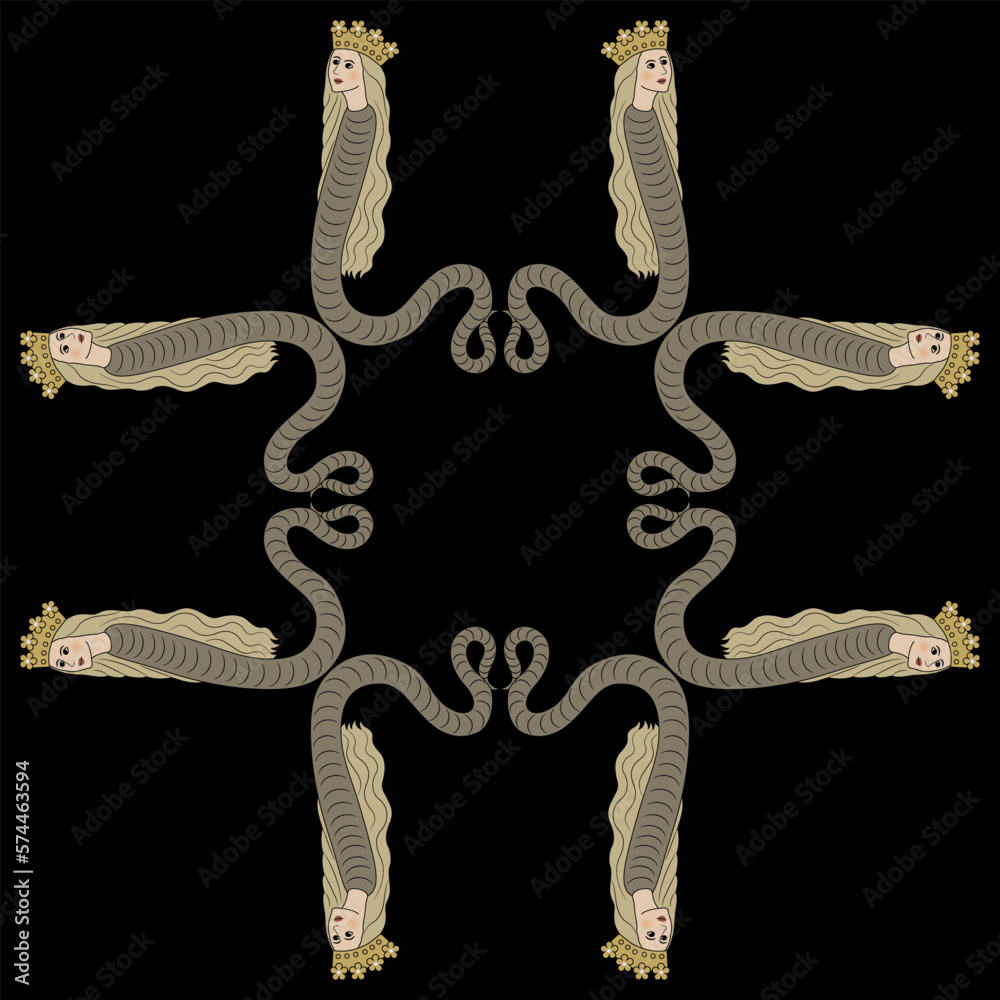 Geometrical square design or frame with fantastic female snakes in ...