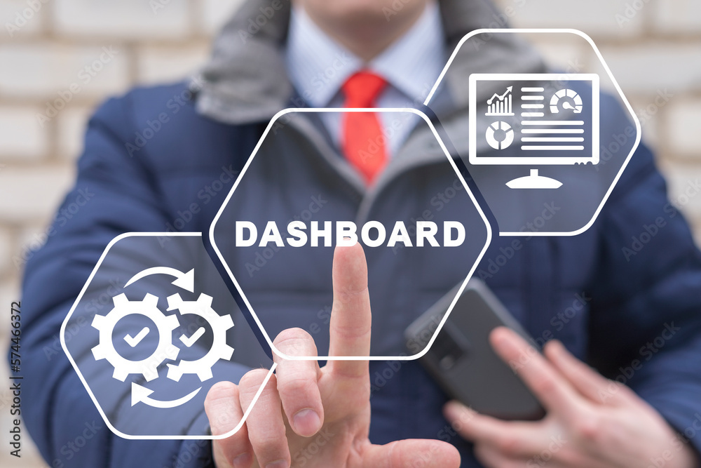 Admin using virtual touchscreen presses word: DASHBOARD. Concept of ...