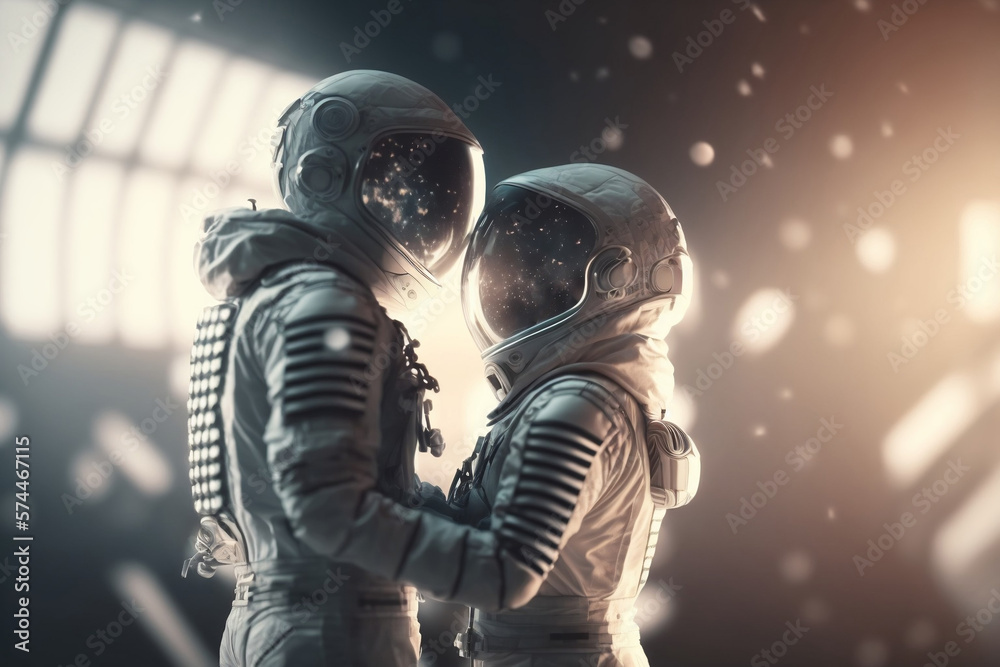 Astronaut man and astronaut woman huging each other showing love in the ...
