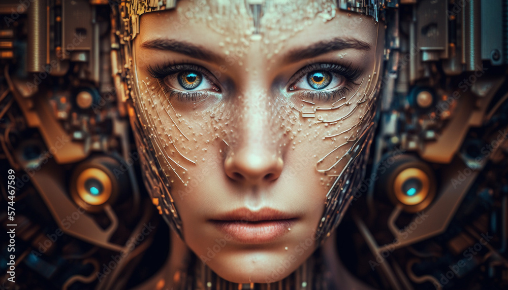 Cyber girl, close up face. Ai generated illustration. ilustração do ...