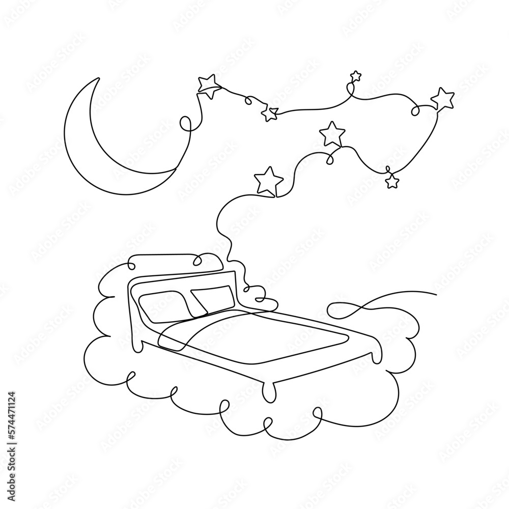Continuous one line drawing of a bed on a cloud. Simple vector ...