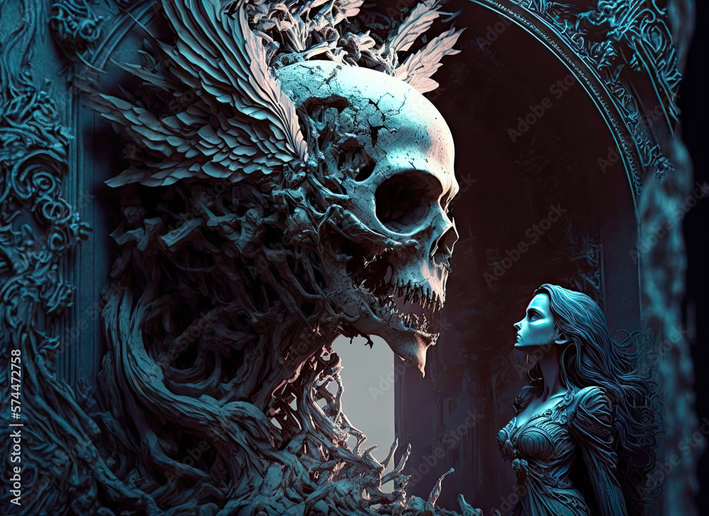 Skull sculpture, woman, crypt, hellscape. Generative AI Stock ...