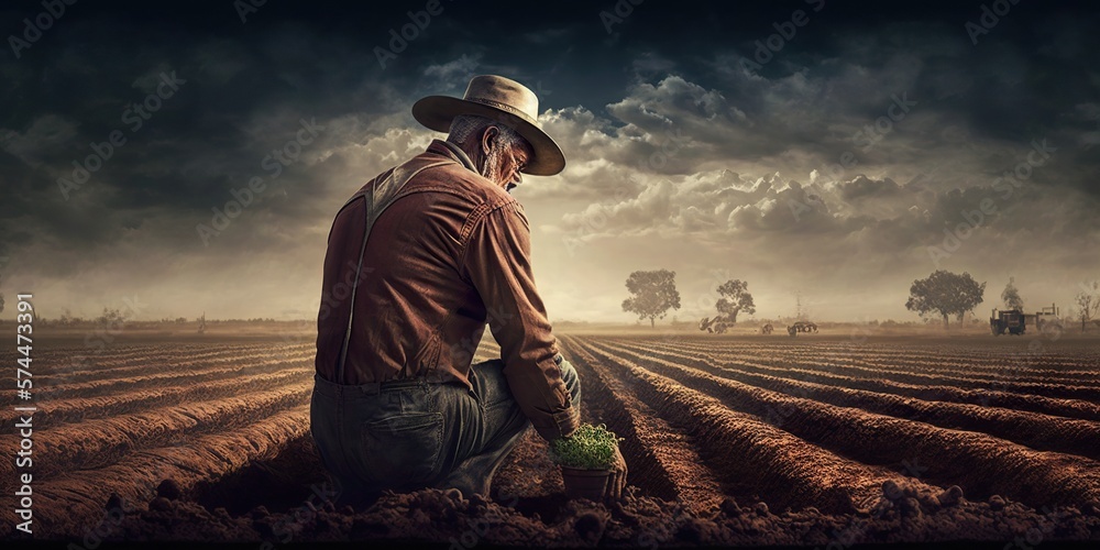 farmer planting seeds in field representing the start of planting ...