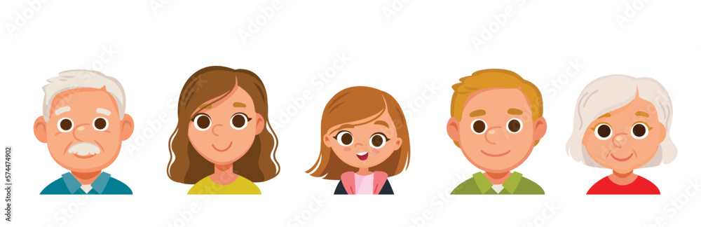 Big happy family siblings relatives portrait. Vector people. Seniors mother and father with ...