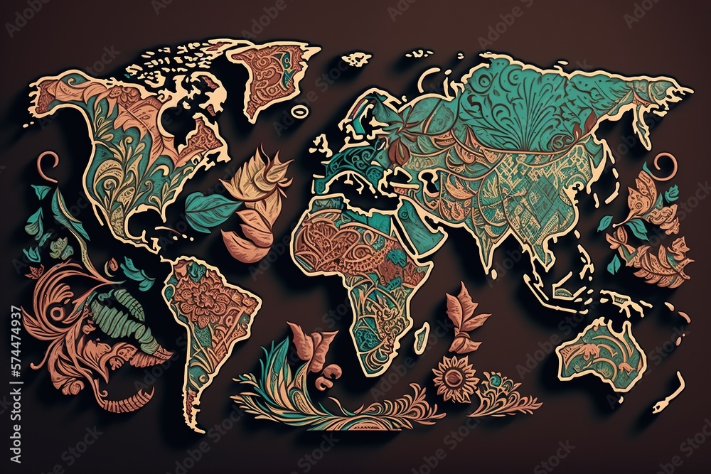 World map in boho style on a colored background, concept of Bohemian ...