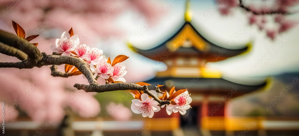 Beautiful Japanese temple, cherry blossom trees, sakura season, spring ...