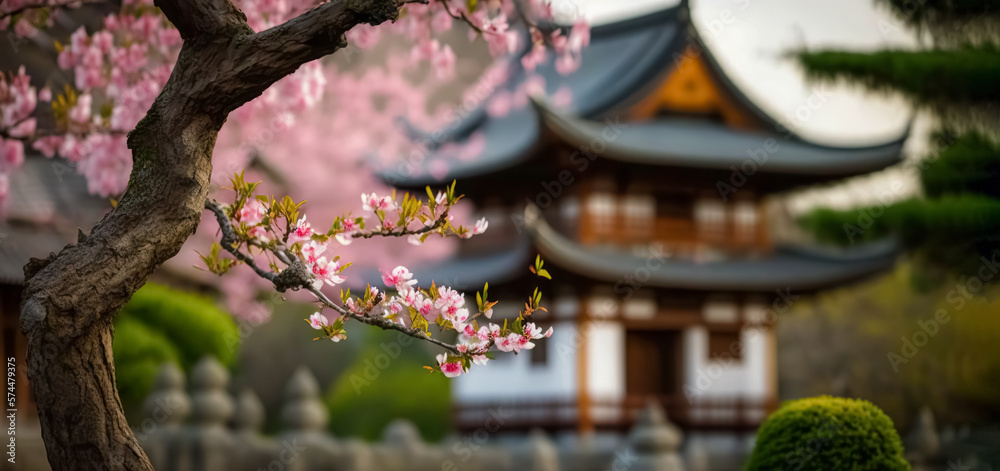 Beautiful Japanese temple, cherry blossom trees, sakura season, spring Japan. Castle at sunset ...