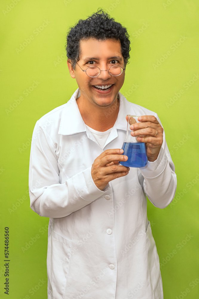 Portrait of a genius scientist happy with his science experiment on a ...