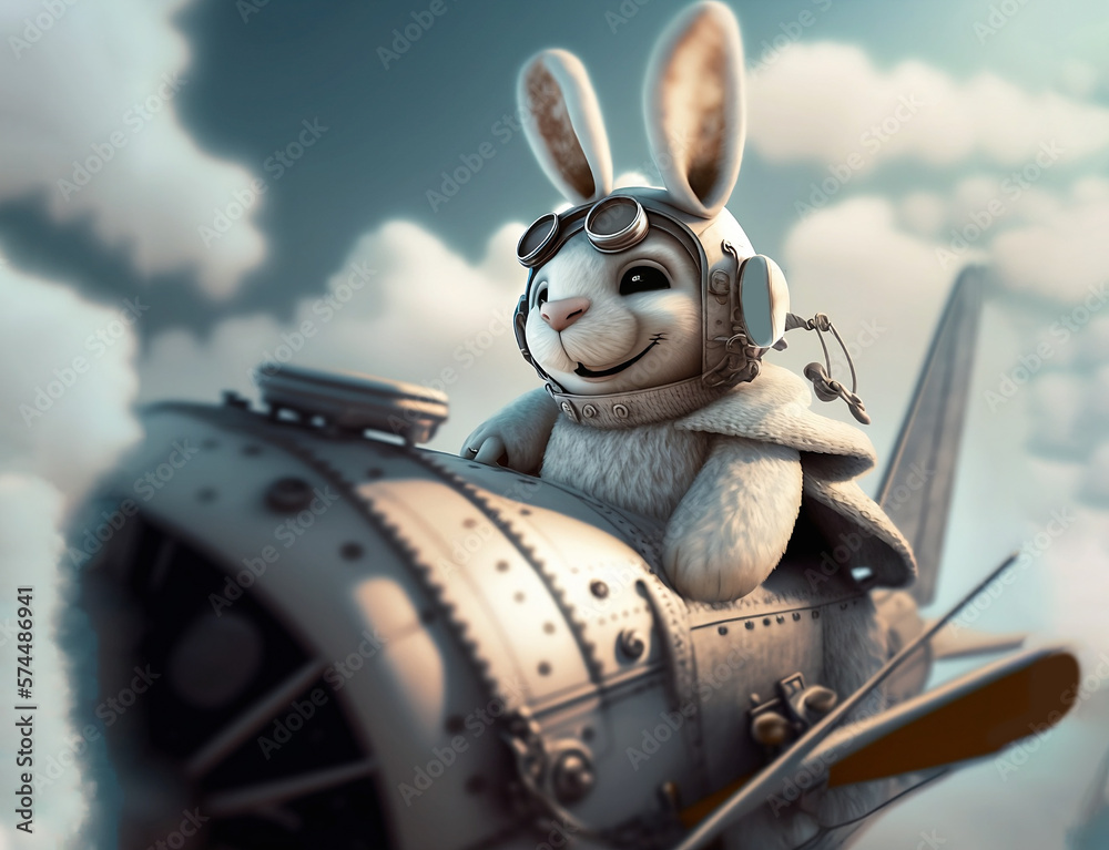 Happy white rabbit is enjoying flight in his old style aeroplane. Stock ...