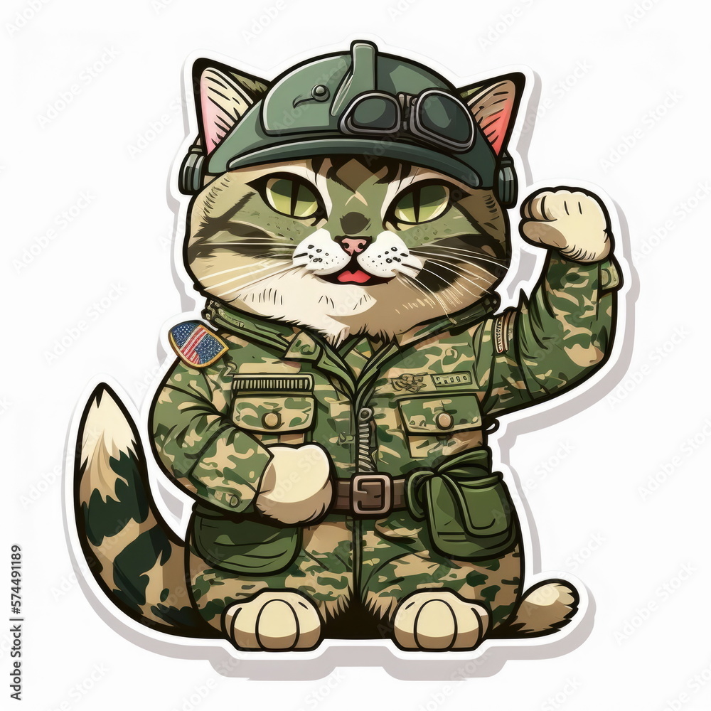 sticker design with happy cat wearing military uniform, vector, white ...