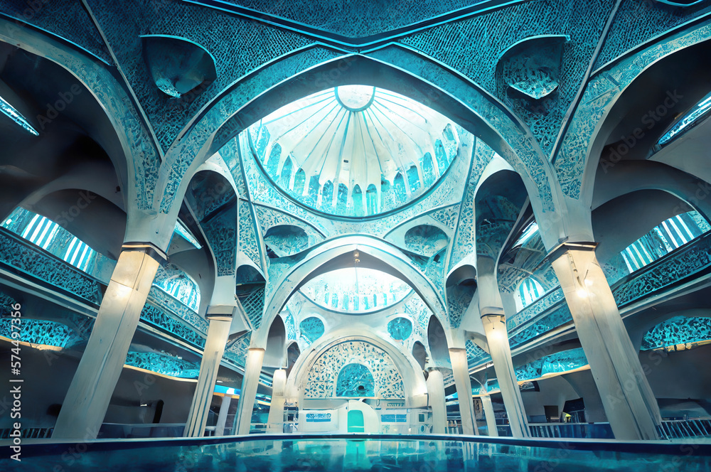 beautiful hall interior of traditional arabic building with columns inspired by heroic fantasy ...