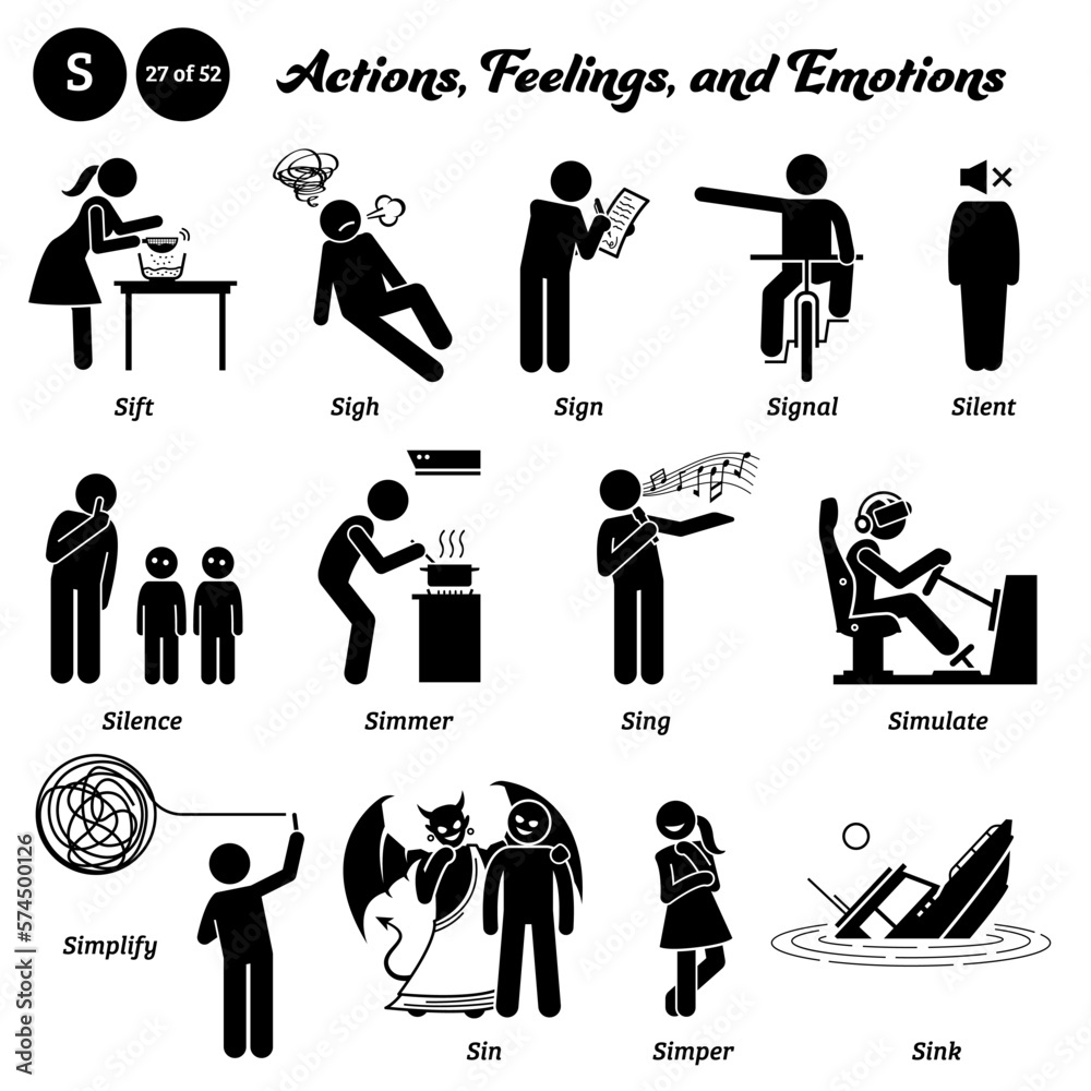 Stick figure human people man action, feelings, and emotions icons ...
