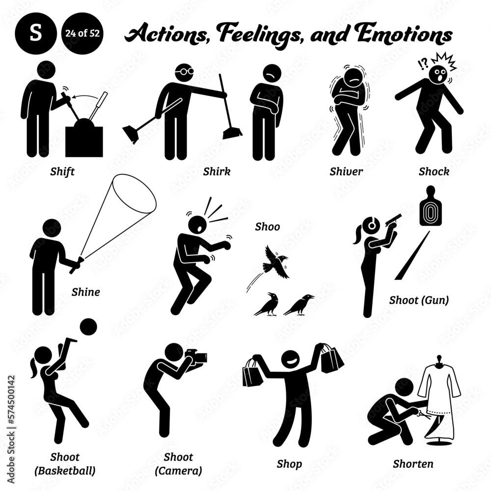Stick figure human people man action, feelings, and emotions icons ...