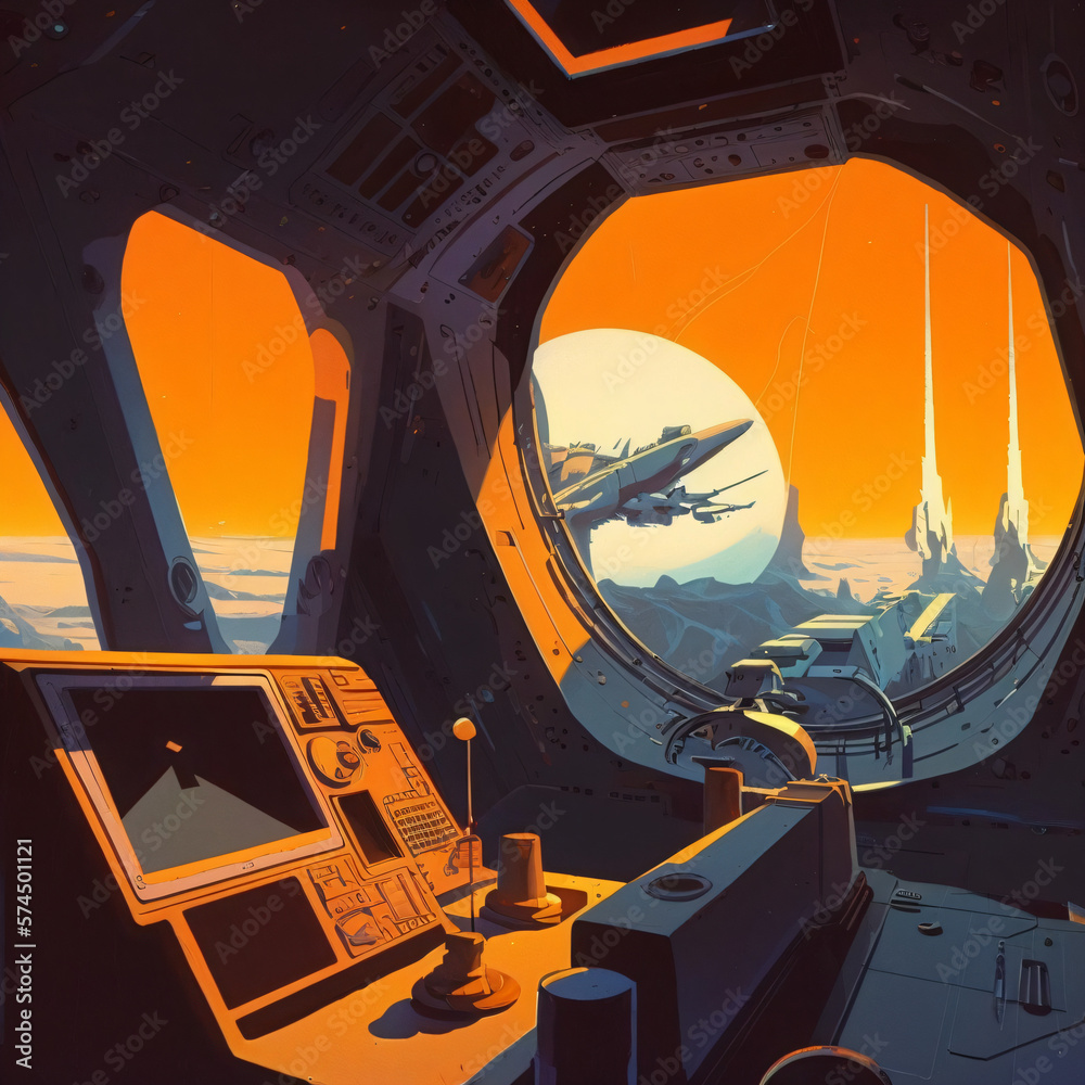 cartoon illustration of the inside of a cockpit of a retro-futuristic ...