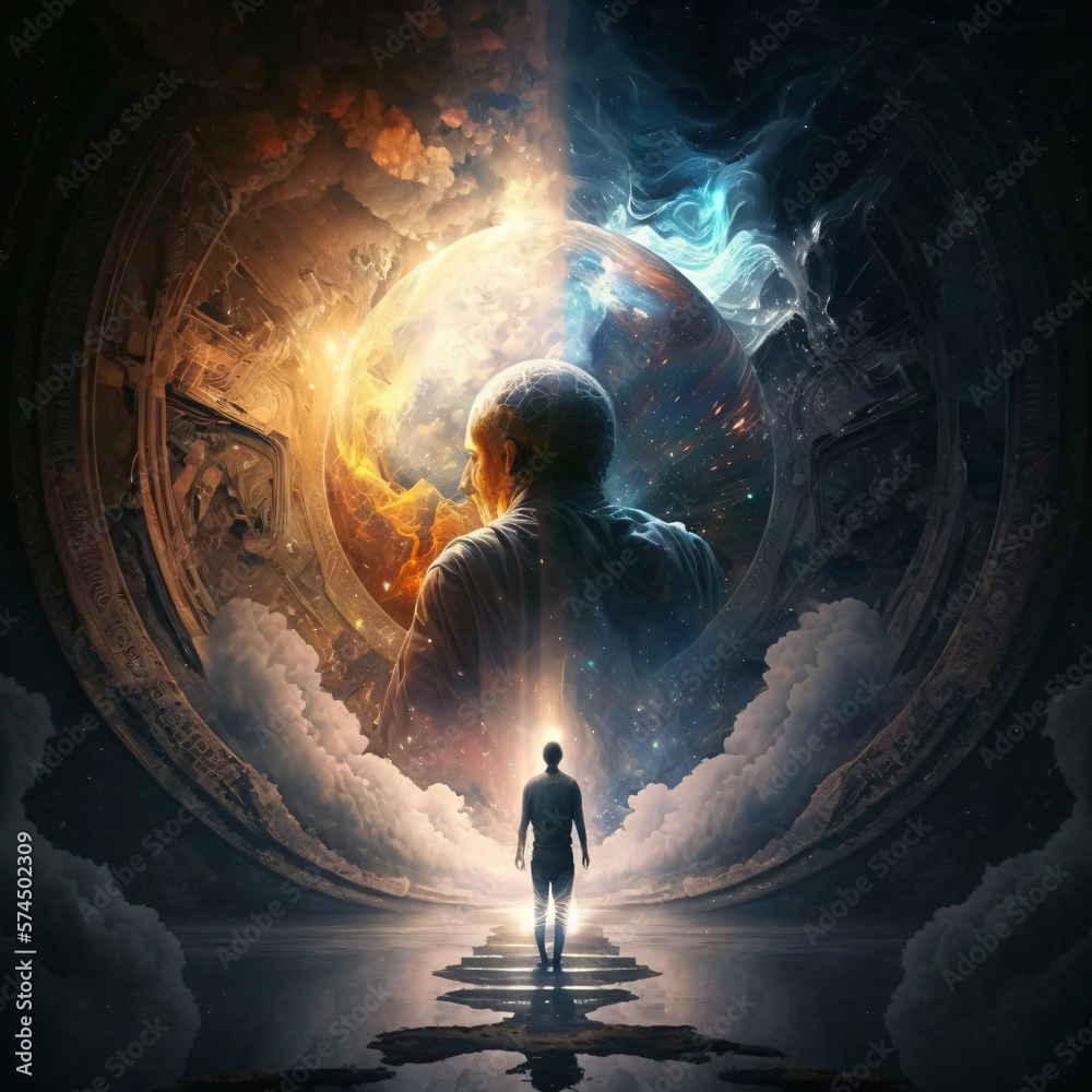 silhouette of a man contemplating god in the universe through the power ...