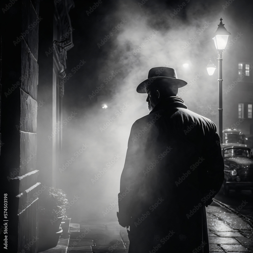 a mysterious man wearing a trenchcoat and hat walking down a foggy ...